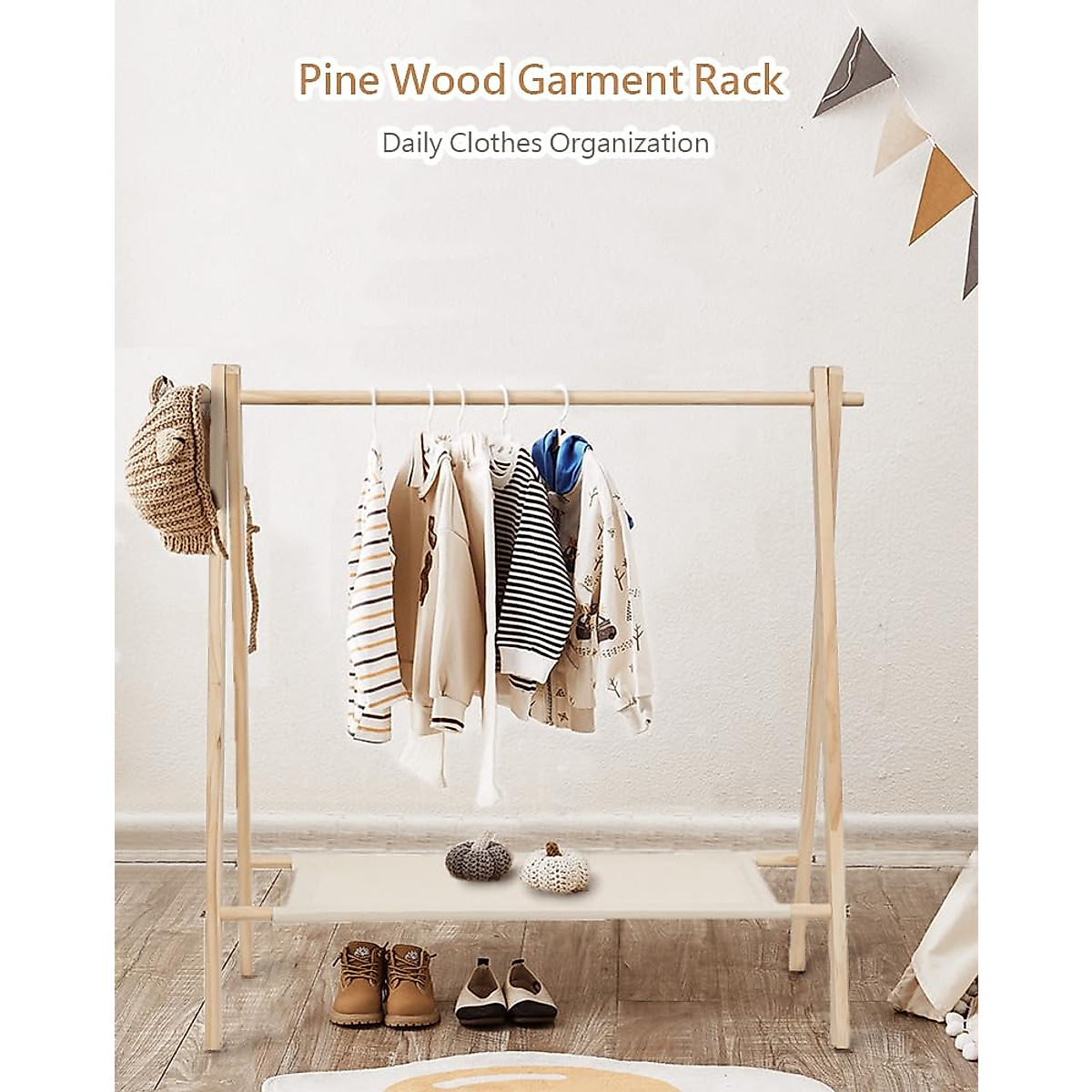 Morimoe Garment Rack with Bottom Storage Shelf, Pine Wood, Dress up Rack for Kids, 35" Width