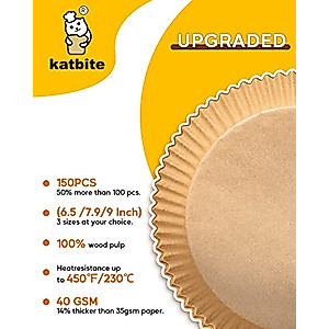 Katbite 150PCS 9 Inch Air Fryer Liners for 6-9 QT Basket, Air Fryer Disposable Paper Liner Large, Non Stick Air fryer Liner Made of Food Grade Parchment Paper