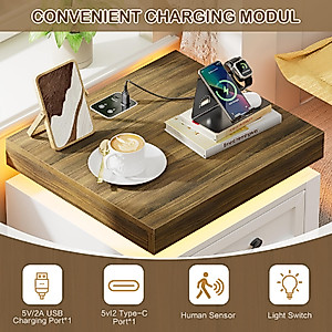BROTTAR Nightstand with Gun Drawer, Farmhouse LED Bedside Table with Charging Station, Human Sensor, Smart Nightstand with Locking Drawer for Bedroom, Office