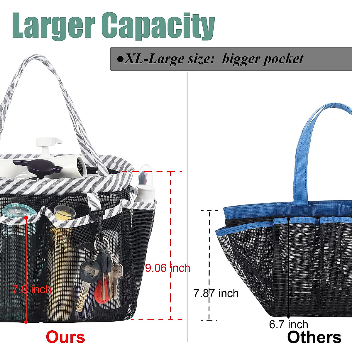 WEHUSE Mesh Shower Caddy Tote with Waterproof Inner Bag, Extra Large Black Portable Shower Caddy for College Dorm Bathroom Camp, 8 Basket Pocket