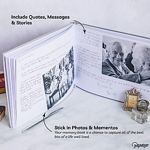 Condolence Book Funeral Guest Book, Memorial Memory Books – Blank Scrapbook Style Pages - Grey Fabric Remembrance Gift Set Hard Back with Pen