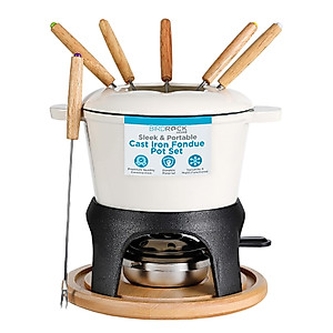 BIRDROCK HOME Cast Iron Fondue Pot Set | 8 Fondue Forks, Chrome Safety Burner | Chocolate, Cheese, Melting, Dip Warmer, Mini Fountain, Covered Strawberries | Wedding Gifts, Hosting Essentials | Cream