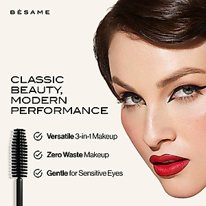 Besame Black Cake Mascara, Liquid Eyeliner & Brow Definer with Spoolie & Brush – Natural-Looking Lashes with Length & Definition, Water-Activated, No Harsh Chemicals, Vegan & Great for Sensitive Eyes