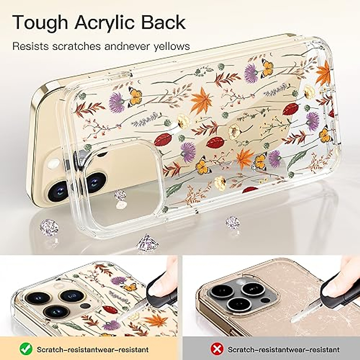 ICEDIO for iPhone 13 Pro Max Case with Screen Protector,Slim Fit Crystal Clear Cover with Fashionable Designs for Girls Women,Protective Phone Case 6.7" Orange Purple Floral