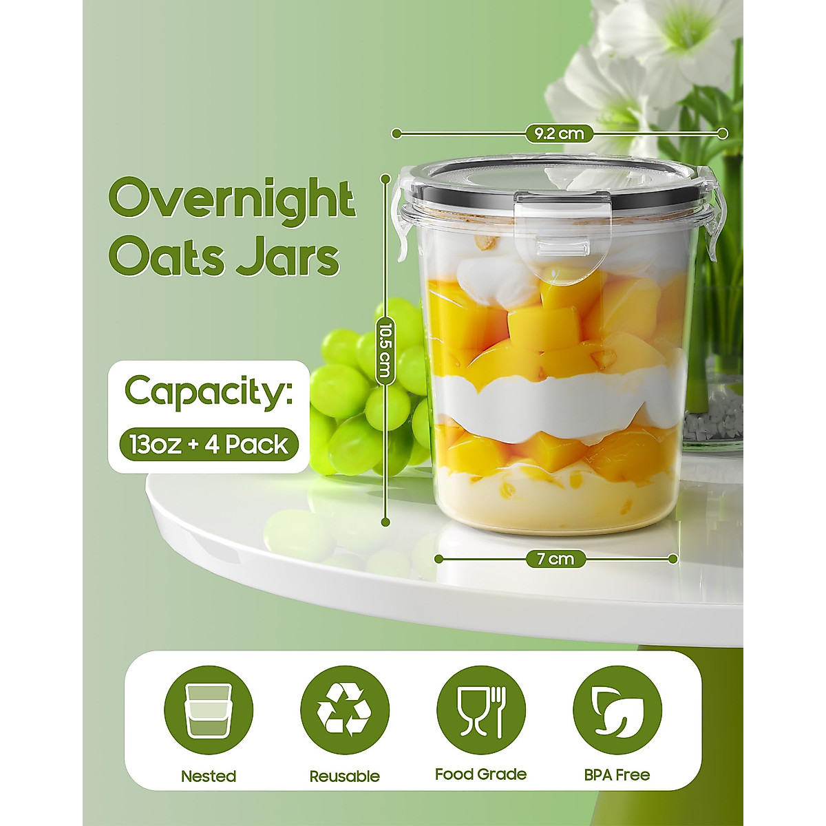 Canfanni Overnight Oats Container with Lids, 4 Pack 13oz Overnight Oats Jars, Plastic Mason Jars, BPA Free, Portable, Leak Proof Oatmeal Containers for Yogurt, Soup, Cereal, Milk and Salad