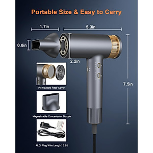 Edvision Hair Dryer with Nozzle, 200 Million Negative Ionic Blow Dryer, 110000rpm High-Speed Brushless Motor for Fast Drying, Powerful 1300W Low Noise Auto-Cleaning Thermal-Control Hairdryer, Grey