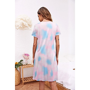 Ekouaer Women's Nightshirt Christmas Patterns Short Sleeve Button Down Nightgown V-Neck Sleepwear Pajama Dress, A-Blue Rose, M