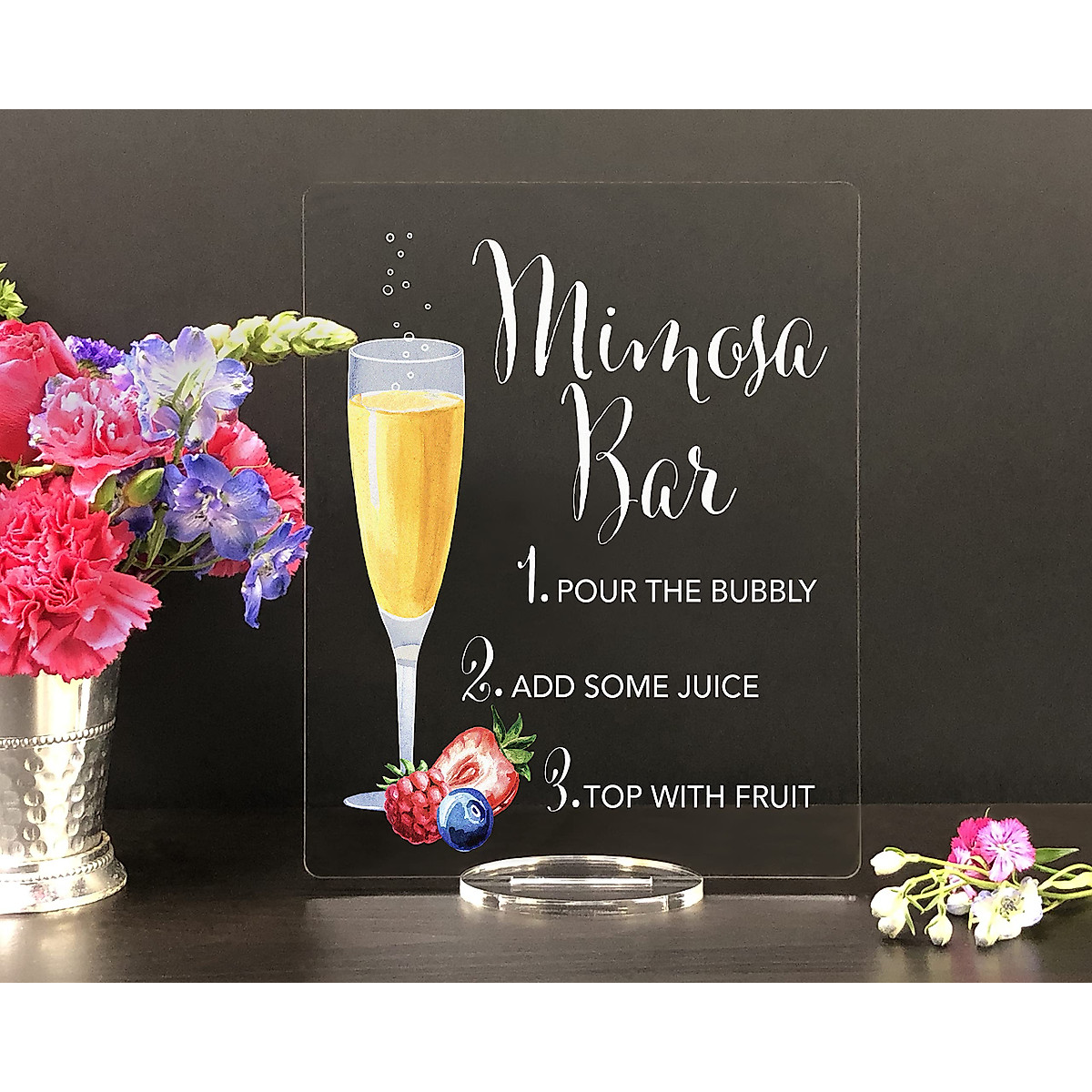 Mimosa Bar with Strawberries and Blueberries, Open Bar Wedding Bar Menu Sign and Cocktail Bar Sign for wedding and special events.