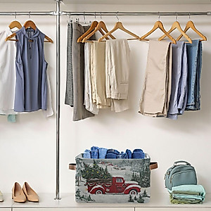 ALAZA Red Christmas Truck Snow Winter Storage Basket Rectangle Collapsible Storage Bins with Handles Durable Canvas Toy Basket Organizer Bin for Shelf Closet Bedroom Home Office,Pack 1