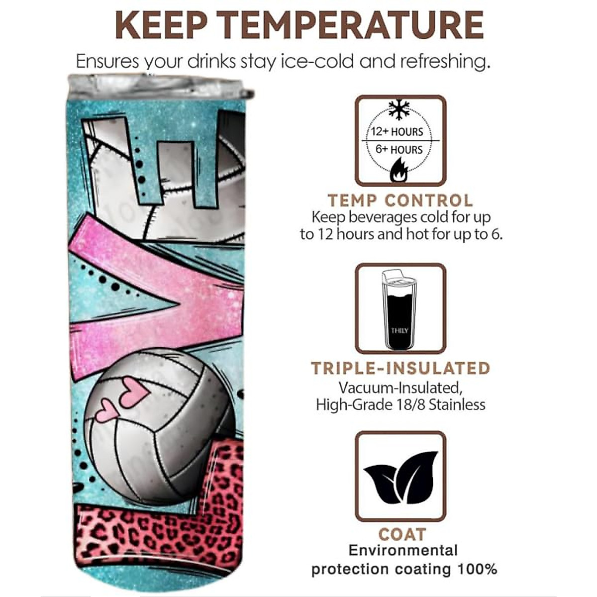 20 OZ Volleyball Iced Coffee Cup for Girls, Volleyball Tumbler Cup with Lid, Vaccum & Stainless Steel, Keep COLD Keep WARM