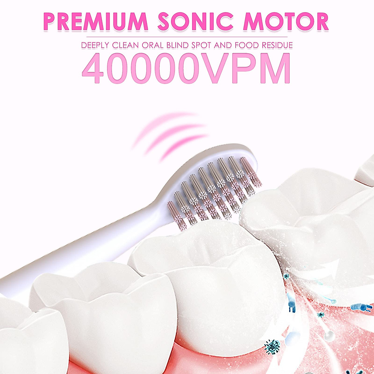 Chain Peak Sonic Electric Toothbrush for Men and Women, Rechargeable Smart Toothbrush with 6 Modes, 6 Brush Heads, 40000VPM, with Holder, Pink and White