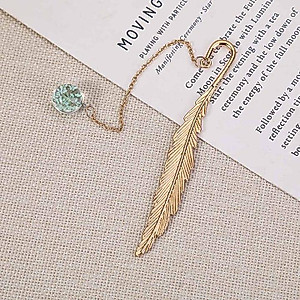 6 Pack Metal Feather Bookmark Charming Beaded Pendant with Dried Flower Specimens Inside Book Marker for Women