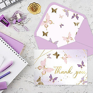 Whaline 30 Pack Butterfly Thank You Cards Gold Foil Purple Greeting Cards with Envelopes Stickers Lavender Blank Note Cards for Party Invitation Supplies, 4 x 6 Inch