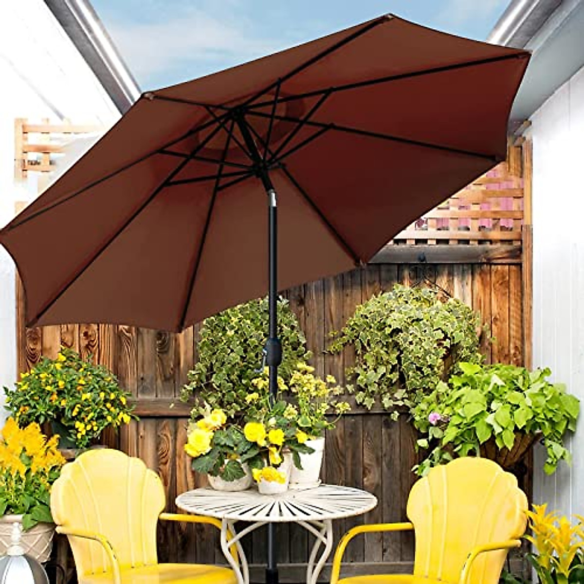 Sunnyglade 9' Patio Umbrella Outdoor Table Umbrella with 8 Sturdy Ribs（Brown）