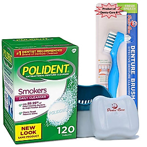 Denture Cleaning Tablets Smokers 120 Tablets bundle with Dentu-Care Denture Case and Denture Brush for Maintaining Good Clean Full Partial Dentures Mouthguards