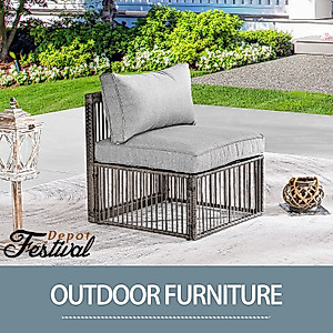 Festival Depot Wicker Patio Single Sofa, Outdoor Armless Chair, All-Weather Brown PE Rattan Couch Chair Waterproof Sectional Furniture for Balcony Garden Pool Lawn Backyard, Grey Thick Cushion