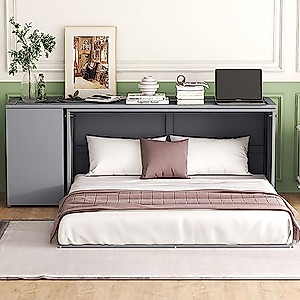 RORIGAT Queen Size Murphy Bed with Removable Desk Desk and Shelves, Wood Multifunctional Bedframe with Cabinet for for Small Spaces,Floor Design,Gray