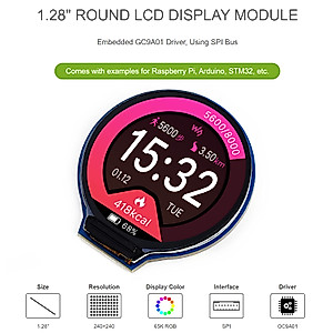 waveshare 1.28 inch Round LCD Display for Arduino/Jetson Nano/Raspberry Pi/STM32, 240×240 IPS Screen Monitor 65K RGB Colors, Using SPI Bus, Embedded GC9A01 Driver