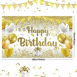 Gold White Birthday Party Decorations Banner, Gold and White Happy Birthday Backdrop Banner, Large Gold White Birthday Banner Photography Background Party Decoration for Women Men Girls 70.8x43.3Inch