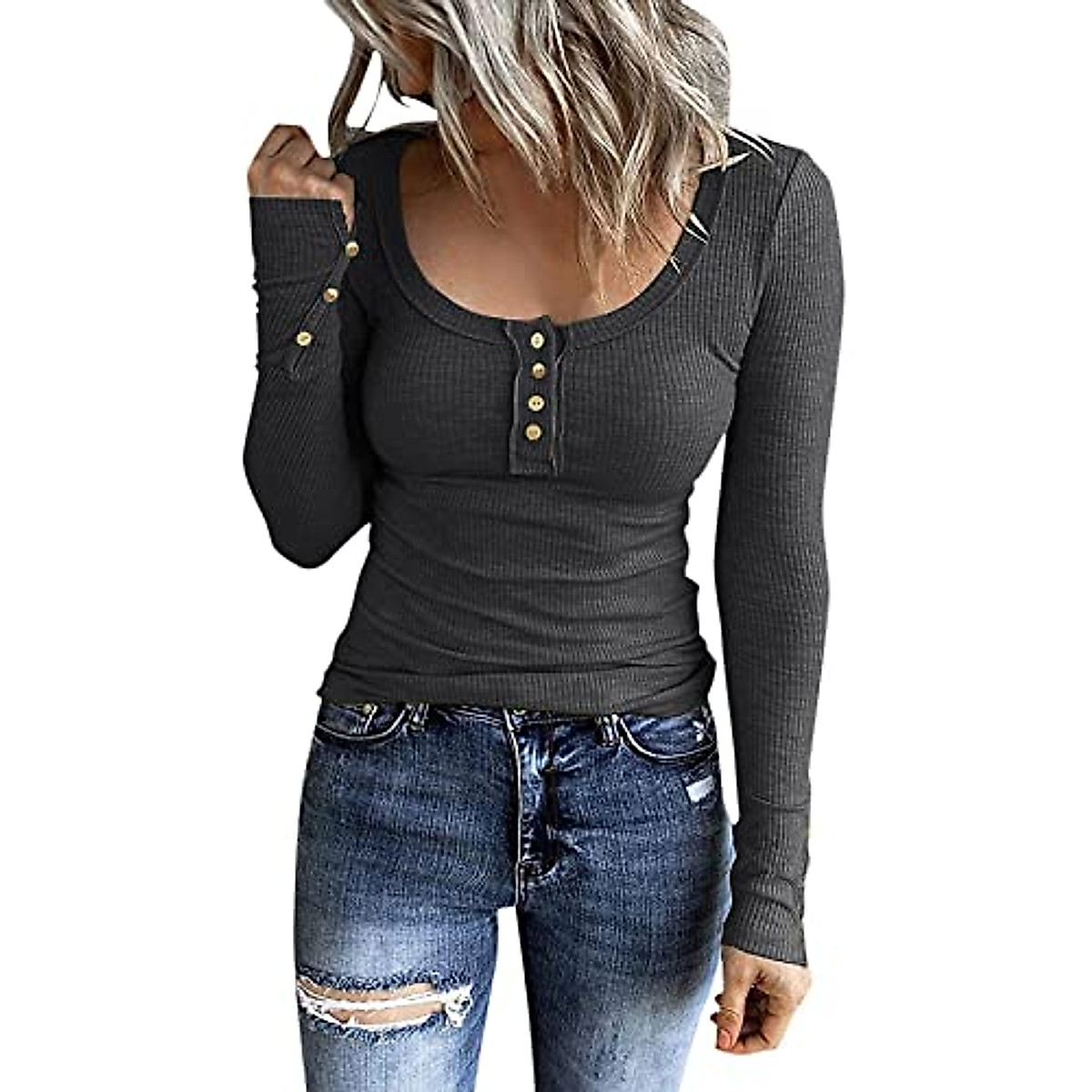 Long Sleeve Tops for Women Rib Knit Crewneck Button Lace Sleeve Fall Tshirts Patchwork Summer Lace Trim Printed Trendy Tunic Blouses Autumn Henley T-shirts Fitted Tee Casual Shirts to Tie Dye Gray