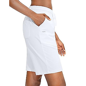 Viodia Women's Bermuda 10" Long Shorts with Pockets Cotton Sweat Lounge Shorts for Women Jersey Athletic Knee Length Shorts for Summer White