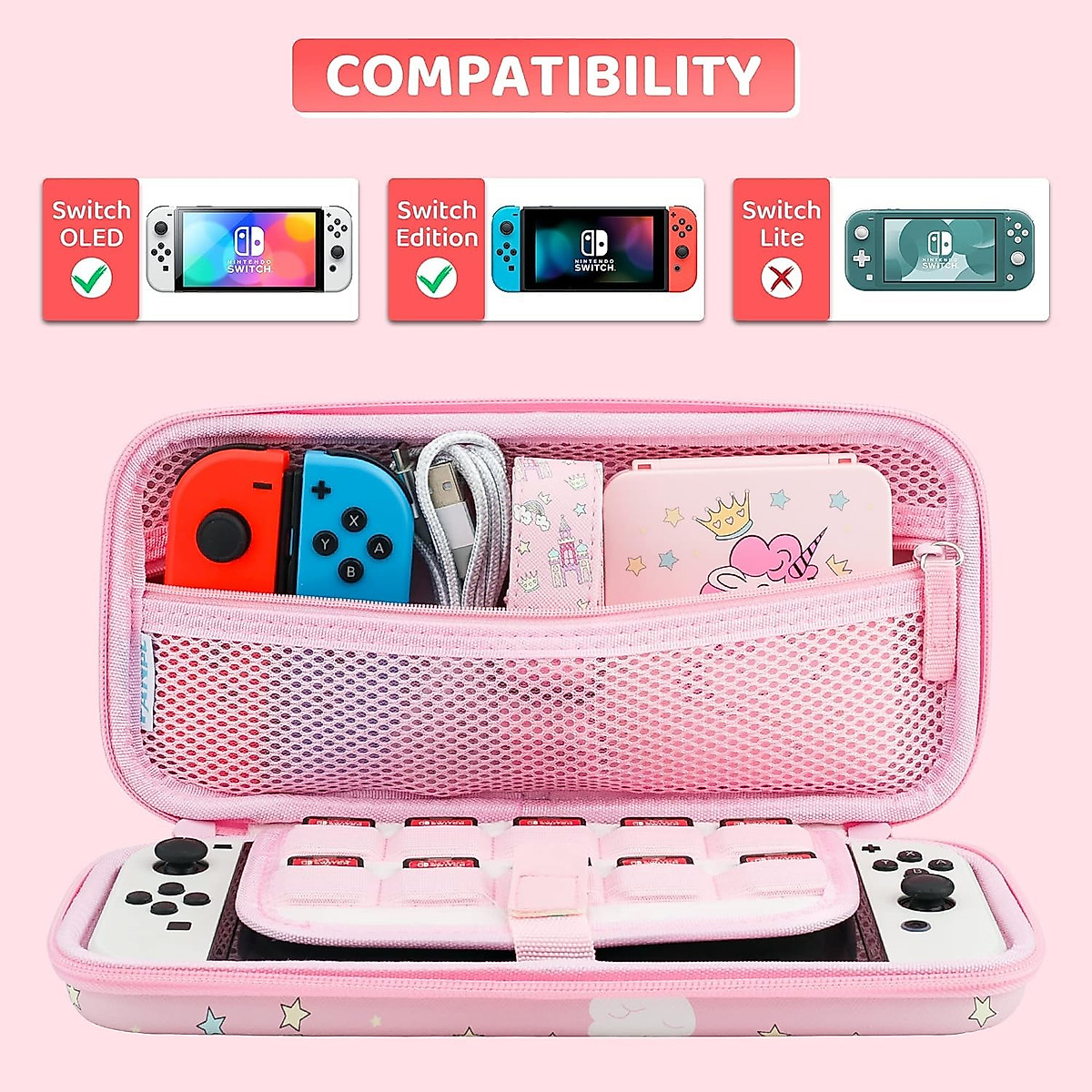 RHOTALL Case Compatible with Nintendo Switch & Switch OLED, Carrying Case with Game Case, Shoulder Strap, Cute Protective Hard Portable Travel Shell Pouch for Switch Accessories (for Pink)