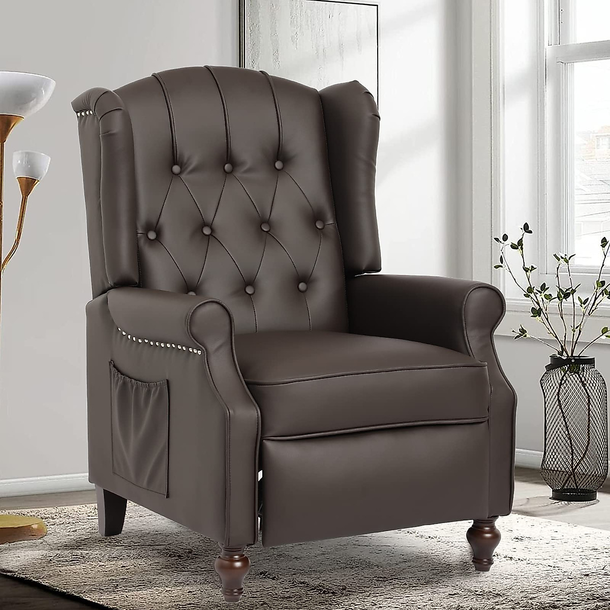 OBBOLLY Wingback Recliner Chair with Heat and Massage - Upholstered Push Back Chairs PU Leather Vibration Massage Recliner Chair, Accent Single Sofa for Living Room (Brown, Set of 2)