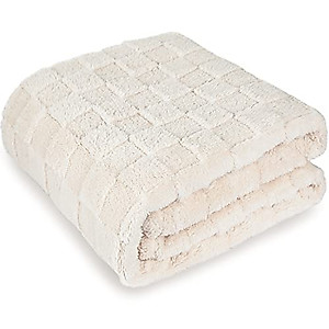BOPRIO Throw Blanket Fuzzy Plaid Blanket for Sofa Couch or Bed, Queen Size 330GSM Luxury Fleece Soft Warm Blanket for All Seasons, 60 x 90 Inch Cream
