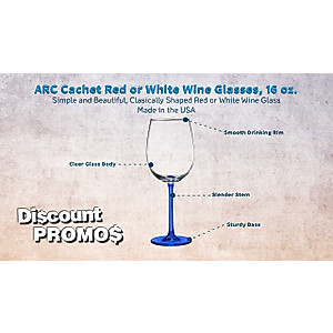 DISCOUNT PROMOS 10 ARC Cachet White Wine Glasses Set, 16 oz. - Wedding, Favors, Cheap, Sturdy - Blue