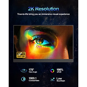 CNBANAN 2.5K Portable Monitor, 16" Laptop Monitor Extender 2520x1680 QHD Slim Lightweight IPS 1500:1 USB C HDMI Computer Display Gaming Screen with Speakers Travel Monitor for Mac Phone Xbox Game