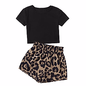 SOLY HUX Girl's Summer 2 Piece Outfits Short Sleeve Crop Top and Cute Print Shorts Sets Cute Clothing Set Black 8Y