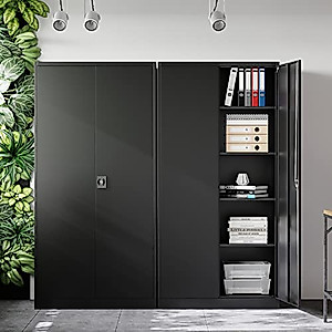 BYNSOE 71" Metal Storage Locker Metal Garage Locker Cabinets with Locking Door and 4 Adjustable Shelves, Steel Classic Storage Cabinet for Home, School, Office, Garage (Black-Style 1)
