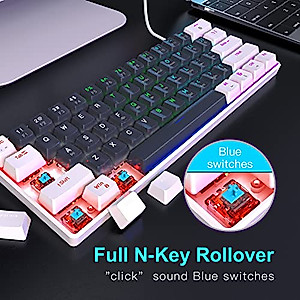 RAZEAK Portable 60 Percent Keyboard, Compact 61 Keys Mini Mechanical Keyboard for PC/Mac Gamer Switchable Colorful Backlit - Blue Switch - White+Black