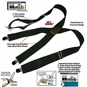 Holdup 2" wide Non-Elastic Industrial Series Black Suspenders for Men with the USA Patented No-Slip Clips