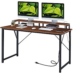 SUPERJARE Computer Desk with Power Outlet, 55 inch Home Office Desks, Industrial Desk with Monitor Shelf, Writing Desk with Wooden Desktop and Metal Frame - Brown