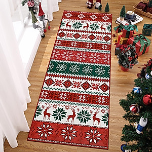 ROYHOME Hallway Runner Rug 2x6 Washable Christmas Runner Indoor Non-Slip Xmas Decorative Throw Floor Covers Boho Accent Festival Xmas Rug Farmhouse Rug Geometric Carpet for Living Room Bedroom, Red