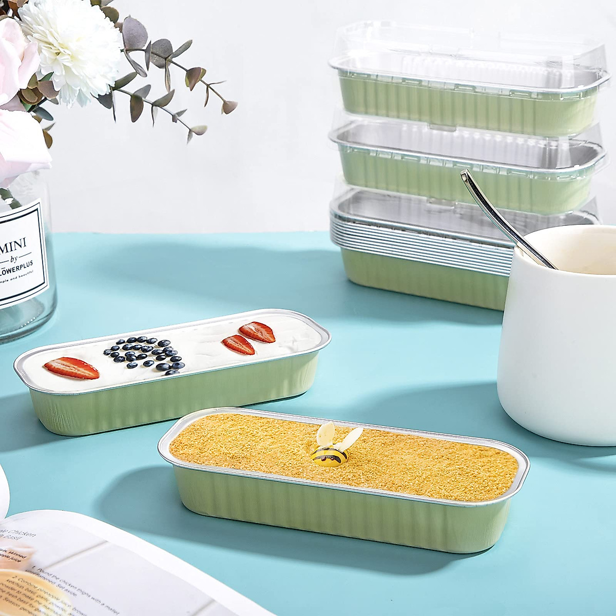 EUSOAR Foil Ramekins with Lids, 50pcs 6.8oz 6.5"x2.5"x1.2" Disposable Aluminum Baking Cups Pan with Lids, Rectangle Cupcake Containers Wrappers，Dessert Cheesecake Creme Brulee Pan