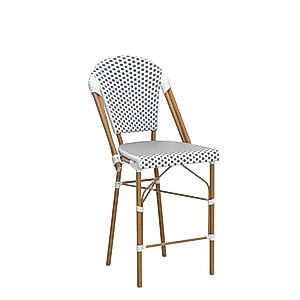 Flash Furniture Lourdes Commercial Grade Bistro Counter Height Stool, Stackable Indoor/Outdoor Dining Stool, 26" High, White/Navy and Bamboo Finish, Set of 2