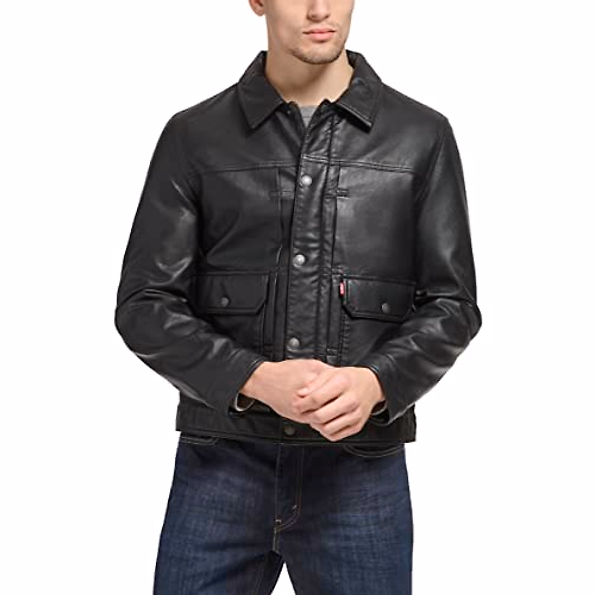 Levi's Men's Lightweight Trucker Shirt Jacket, Black Faux Leather