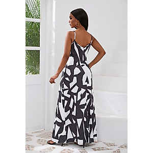 vunahzma Women's Long Dresses Sexy Floor Length V-Neck Adjustable Spaghetti Strap Sleeveless Colorful Sundresses Plus Size with Pockets in The Summer(Blackwhite XL)