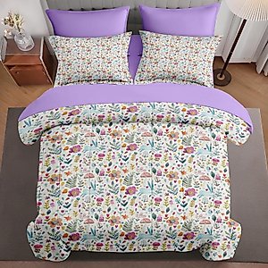 Pinbeam 5 Pcs Comforter Set Twin Size, Vintage Flower Mushroom Bed in a Bag with Flat Sheet and Fitted Sheet for Kids and Adults, Cute Botanical Plant Birds Bedding Set with Pillowcase & Sham