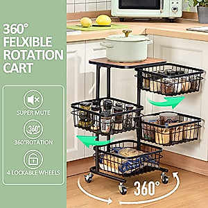 TOOLF Fruit Vegetable Basket, Rotating Storage Shelf, 5 Tier Metal Rolling Cart with Wooden Tabletop, Large Metal Baskets Rack with Wheels, Black