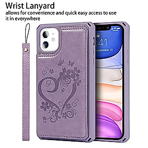Cavor for iPhone 11 Phone Case with Card Holder,Wallet Case with Credit Card Holders for Women Men[Card Slots] [with Strap] PU Leather Shockproof Cover for iPhone 11-Heart Purple