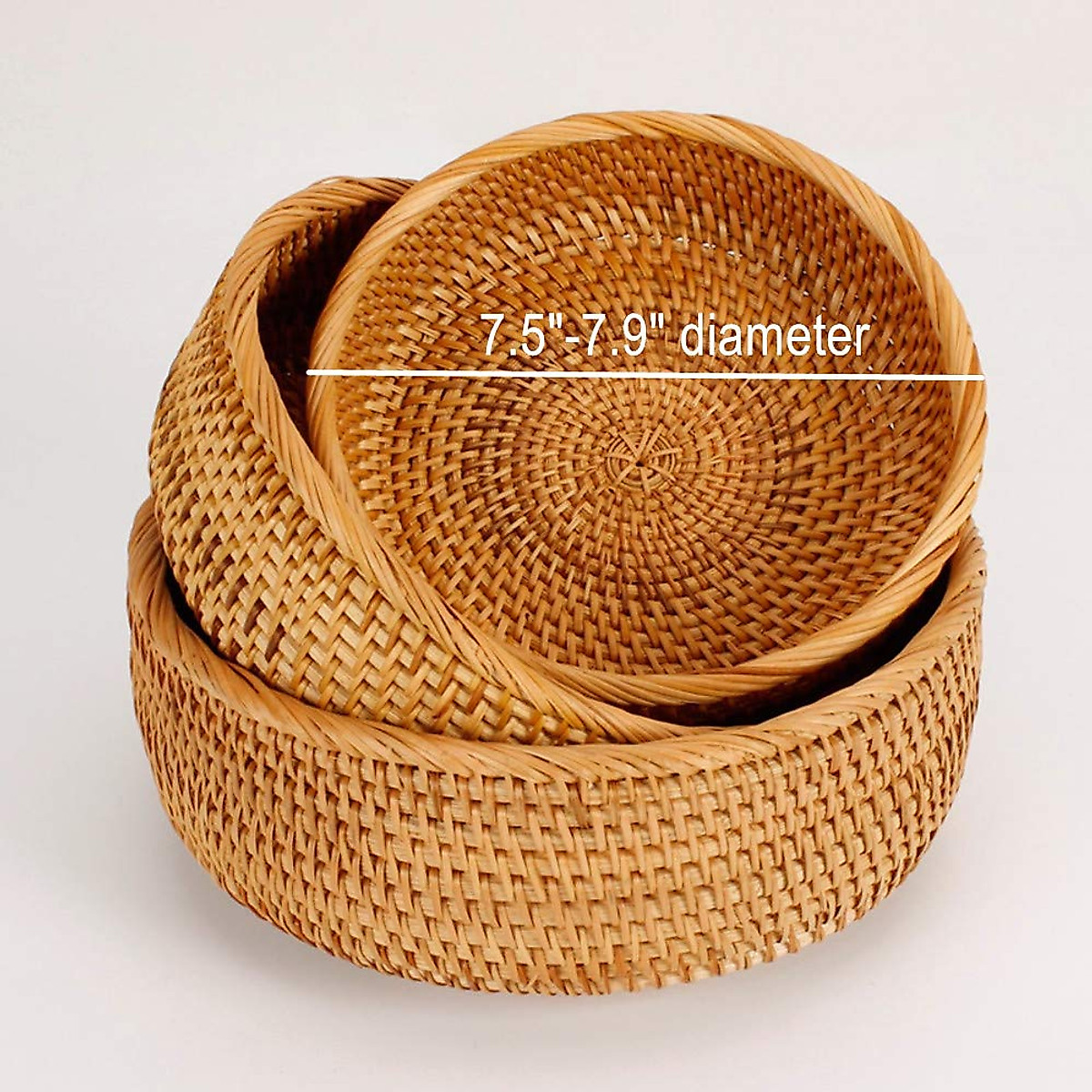 amololo Hadewoven Round Rattan Fruit Basket Wicker Food Tray Weaving Storage Holder Dinning Room Bowl, 8 Inch Small Bread Baskets Tray for Serving with Deep Wall, Brown (Small 7.48”)
