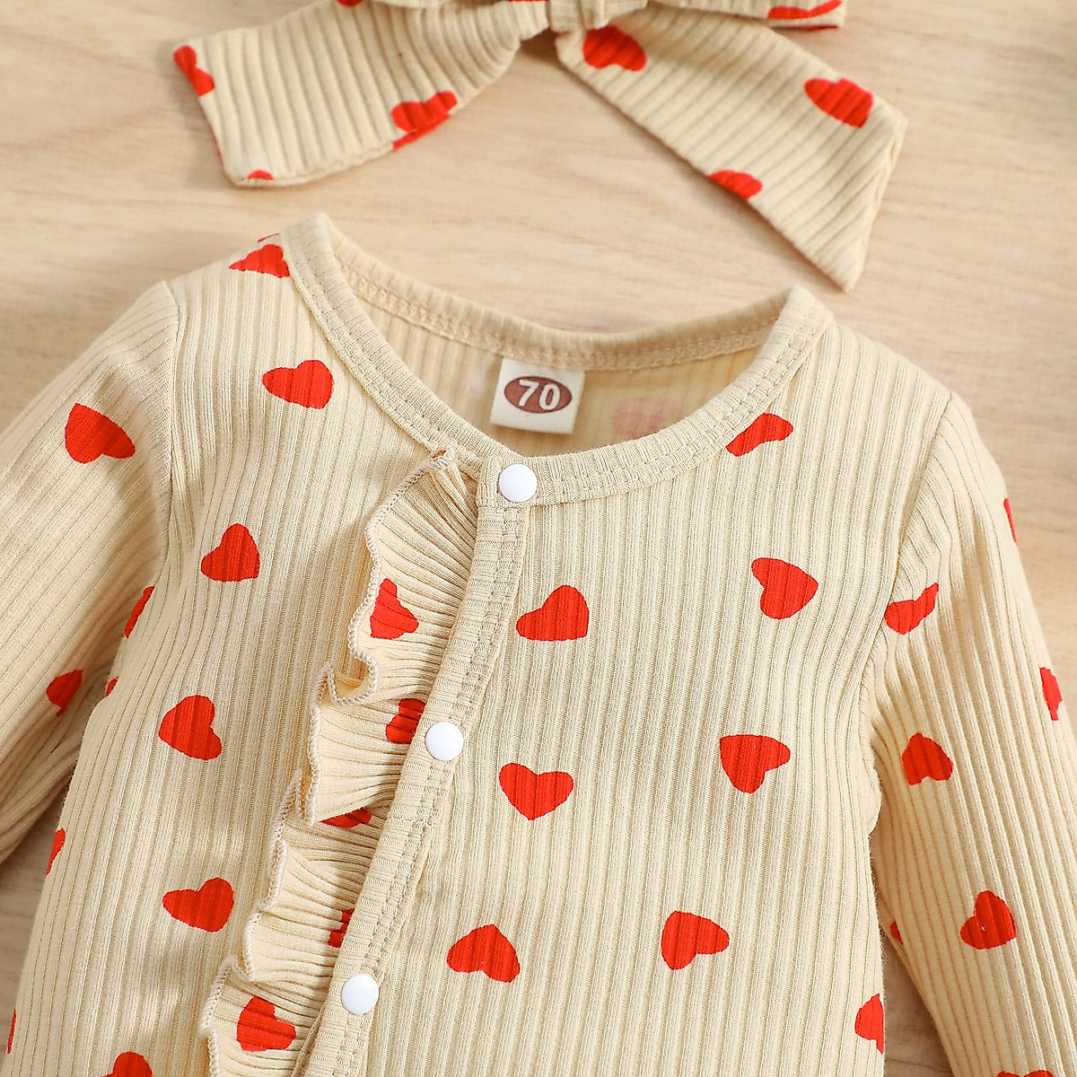 BOUTIKOME Infant Baby Girl Valentines Day Outfit Love Heart Print Footie Romper Ruffle One Piece Onesie Newborn Headband(Beige-10,12-18M)