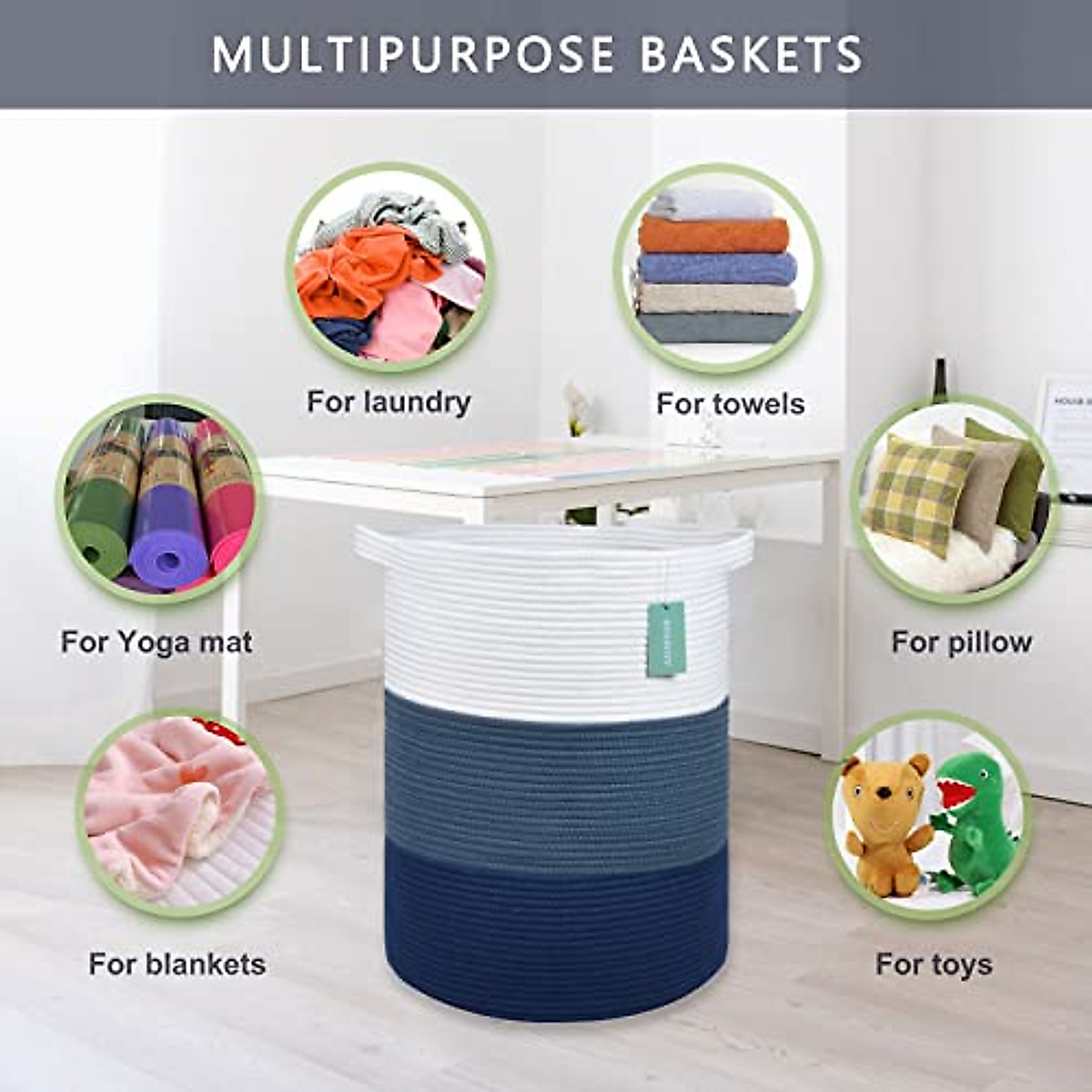 BOSROTY Extra Large Blanket Basket, Tall Laundry Basket, Laundry Hamper, Large Storage Basket, 15.7”x 21.7”,Cotton Rope Basket, Woven Basket, Toy Basket, Clothes Baskets, White&Cadet Blue&Navy Blue