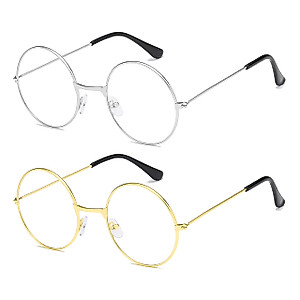 SOHUPAC 2 PCS Classic Round Glasses Retro Circle Eyeglasses Clear Lens Metal Frame Accessories Non-Prescription For Men Women (Silver+Gold)