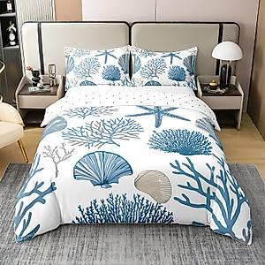 jejeloiu Boys Girls Abstract Bedding Set Twin Size, Ocean Duvet Cover Set 100% Cotton Beach Cotton Duvet Cover with 1 Pillow Case Kids Starfish Shell Teens Comforter Cover