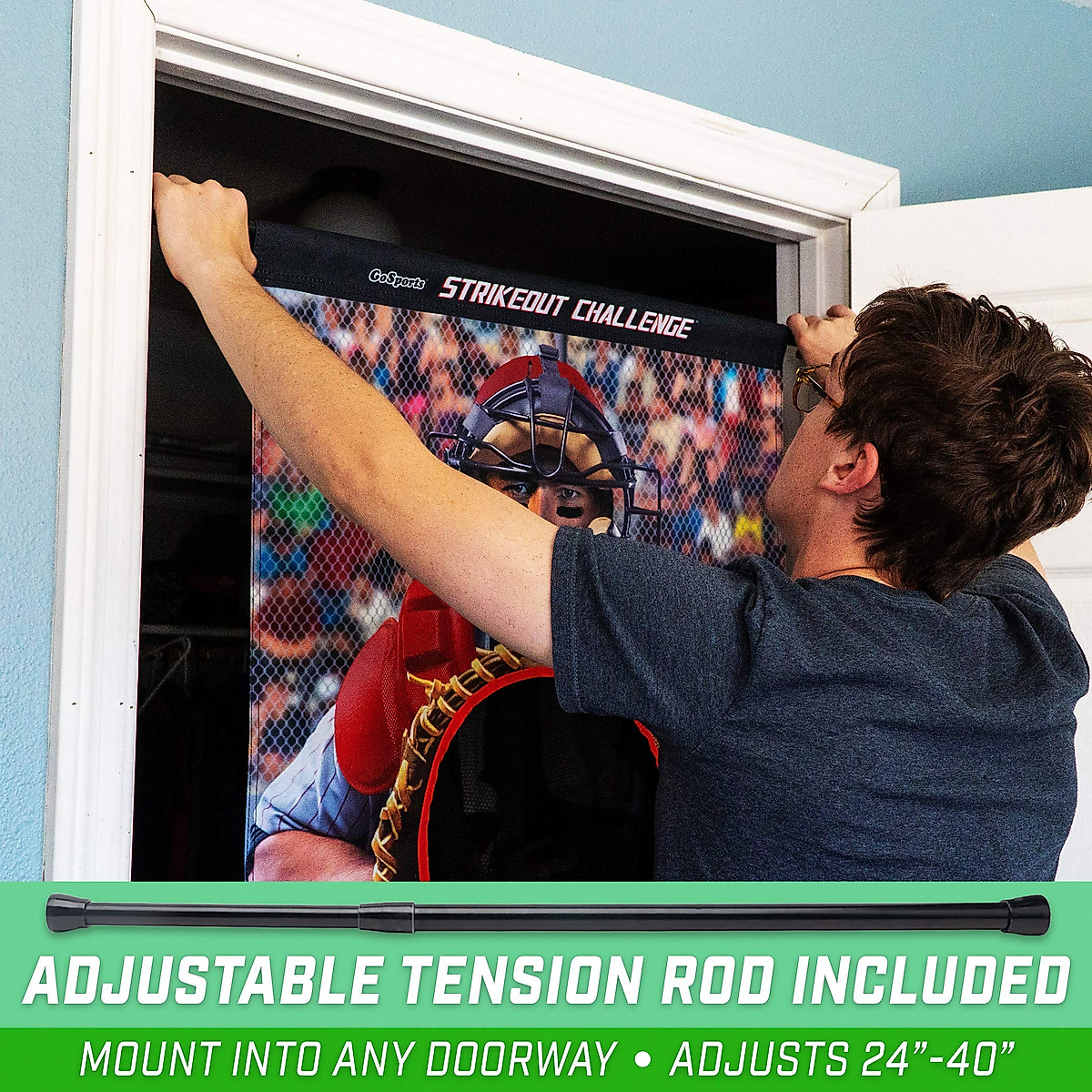 GoSports Strikeout Challenge Baseball Toss Doorway Game - Includes Universal Door Frame Tension Rod and Inflatable Baseballs with Ball Pump