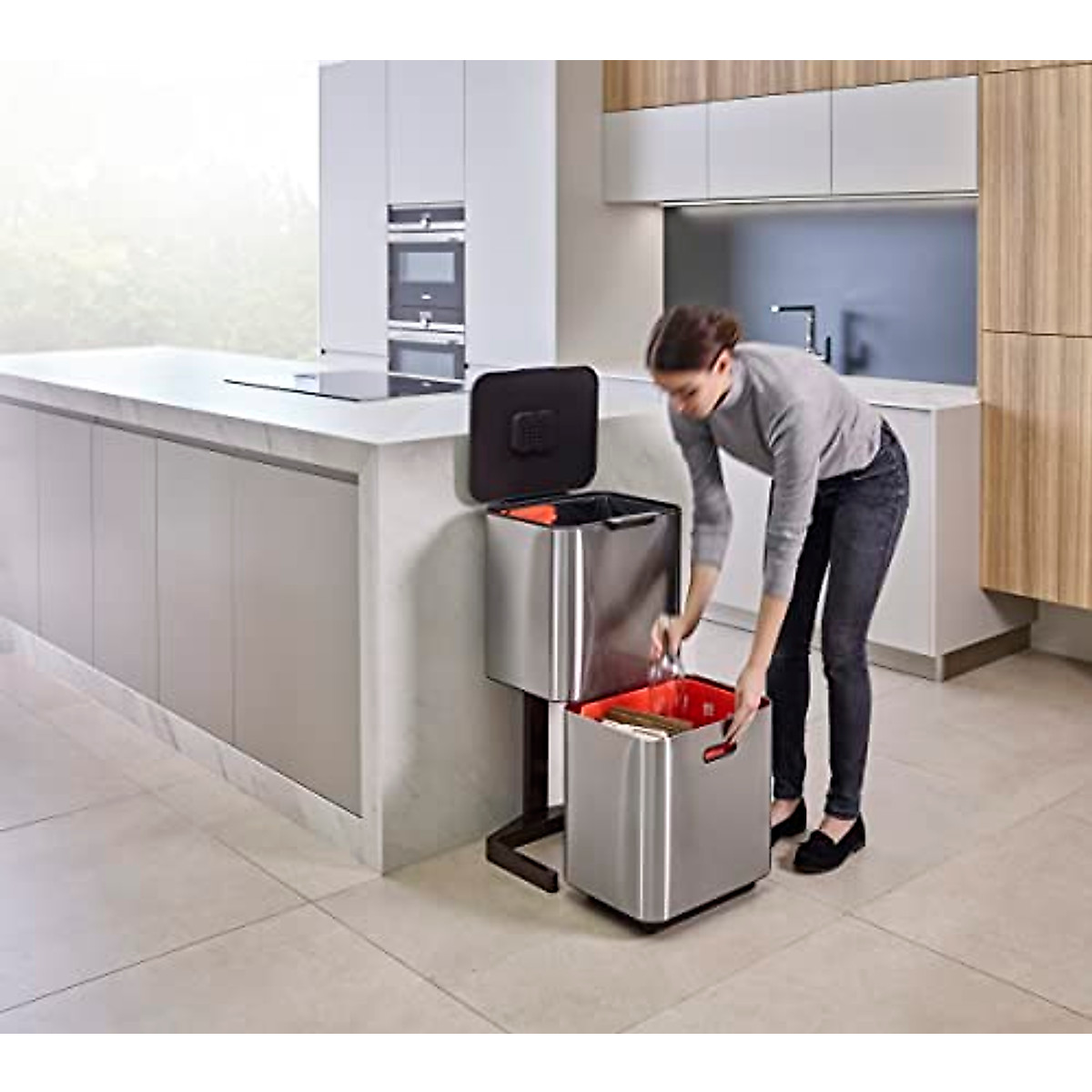 Joseph Joseph Totem Max 60 Liter Waste Separation and Recycling Kitchen Trash Can with Odor Filter and Removable Food Waste Caddy, Stainless Steel